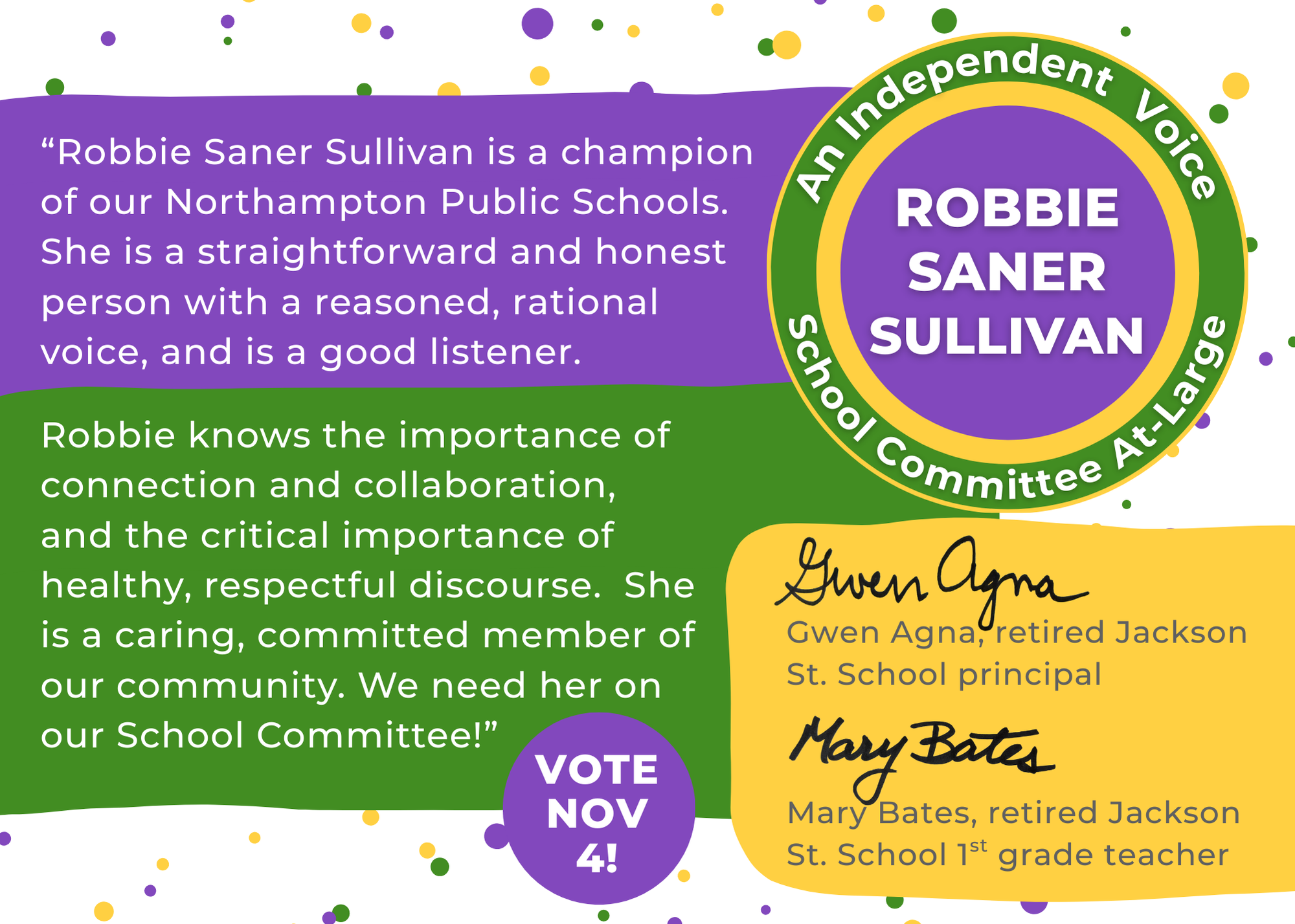 Postcard - Elect Robbie Saner Sullivan for School Committee At-Large